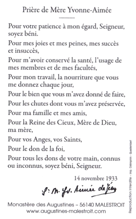 Carte prière Mère Yvonne-Aimée Décorations ⋆ Communauté des Augustines