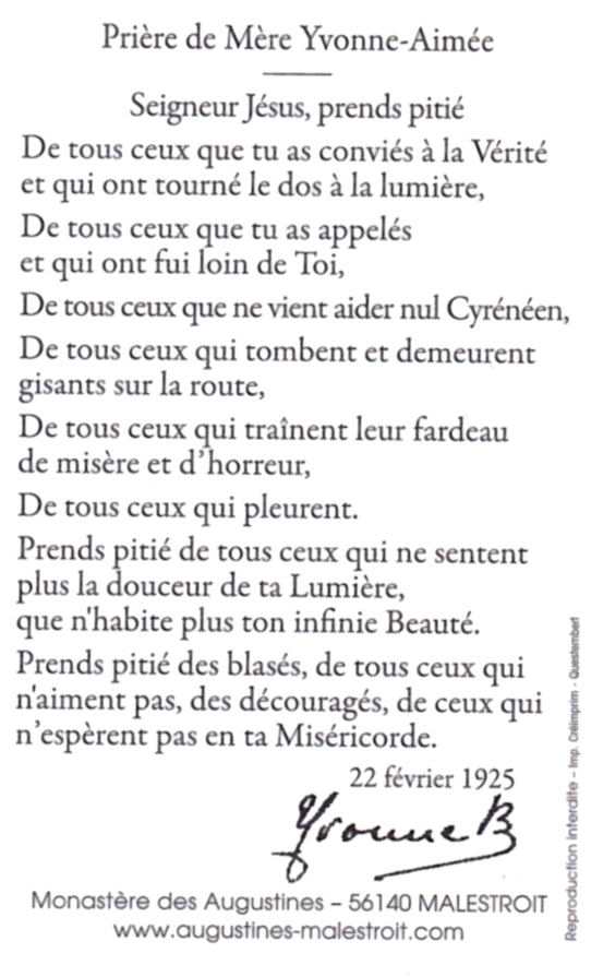 Carte prière Mère Yvonne-Aimée Portrait ⋆ Communauté des Augustines